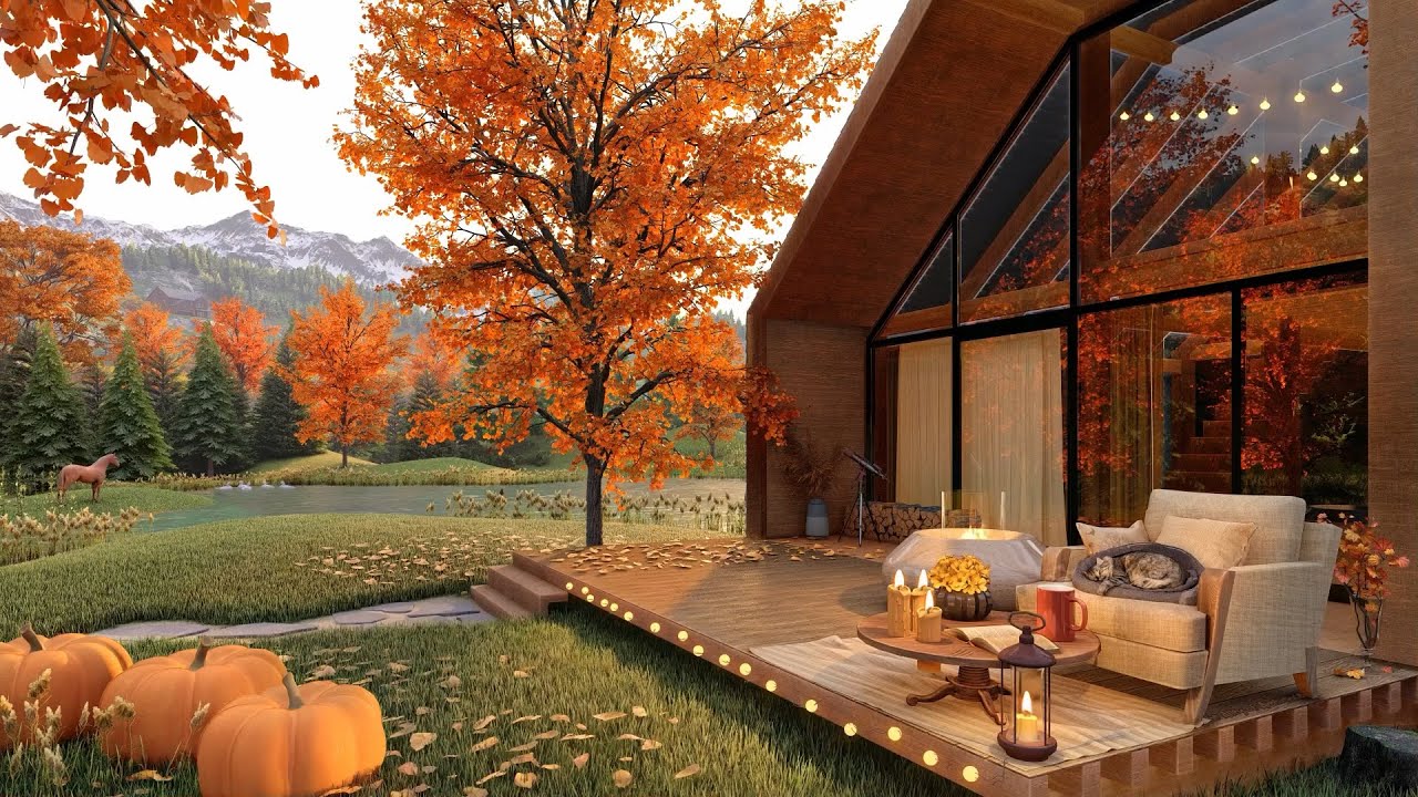 Cozy Porch in Autumn Forest Ambience with Pumpkins, Falling Leaves ...