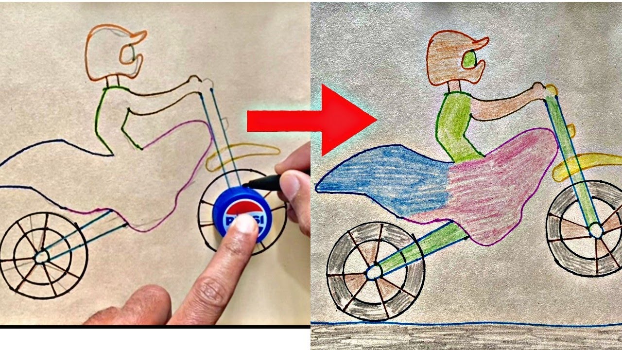 drawing for kids | learn make game bike drawing from bottle cap ...