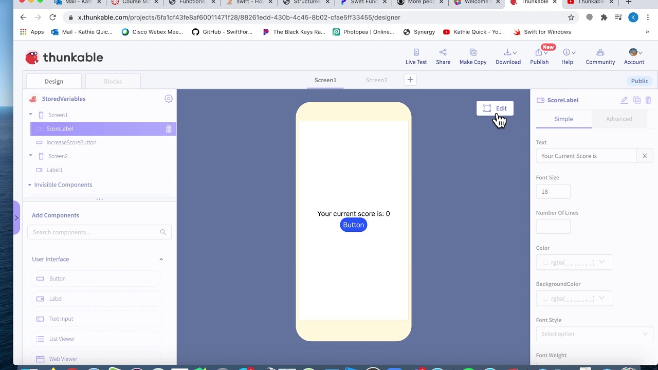 Thunkable (extra stuff): Using variables on multiple pages - YouTube