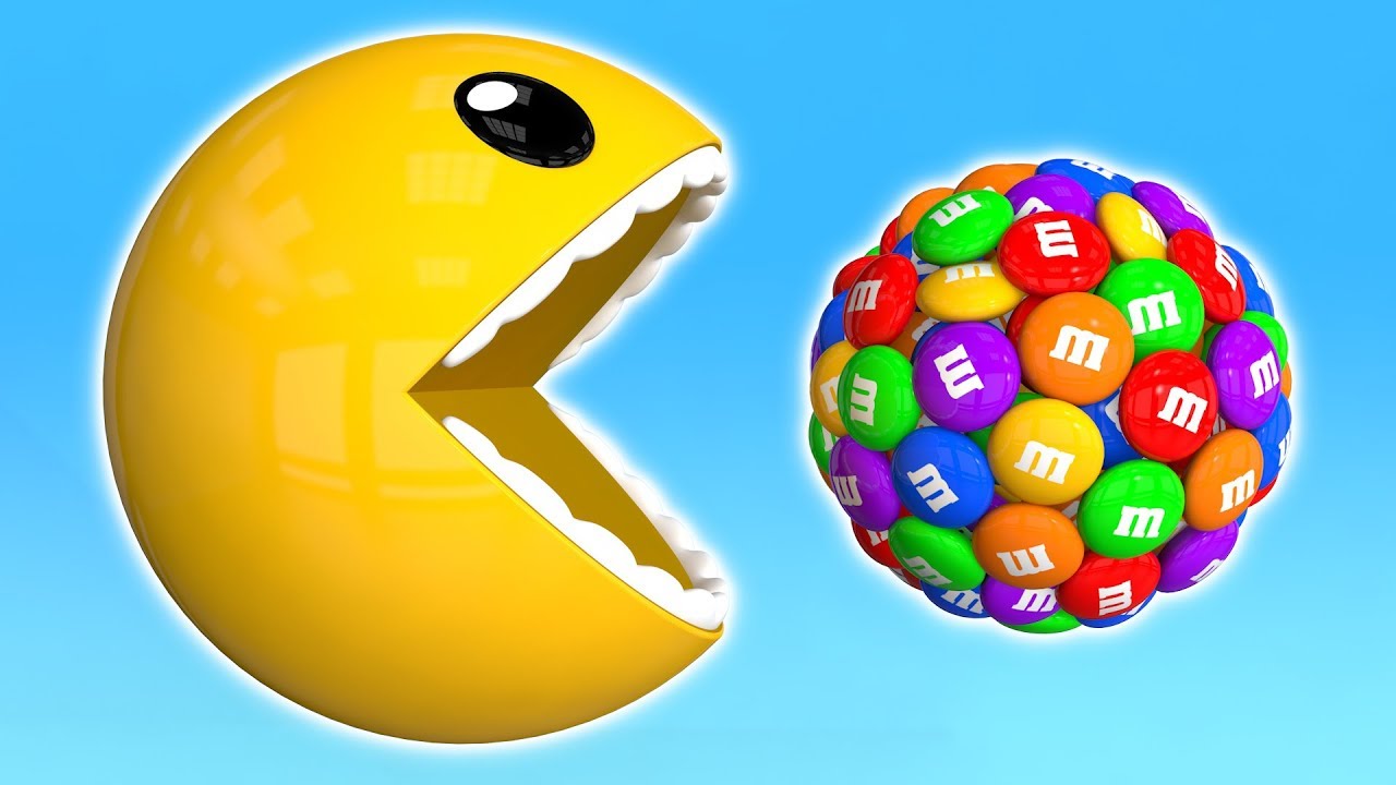 3D Pacman Eat a lot of Rainbow M&M and Cannon with Learning Colors for ...