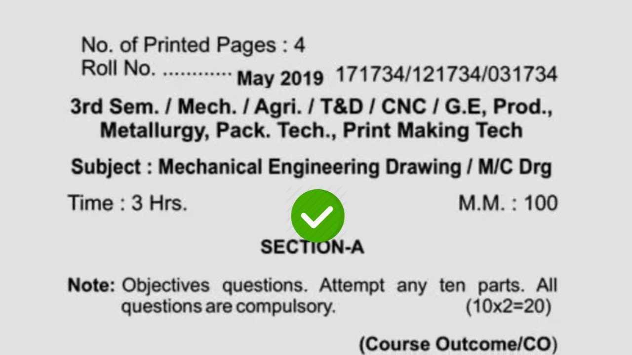 May 2019 HSBTE Diploma 3rd Sem Mechanical Engg Drawing Question Paper ...
