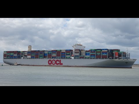 OOCL Indonesia arrives to a gusty Felixstowe, Four Svitzer tugs assist with berthing.13th May 2020