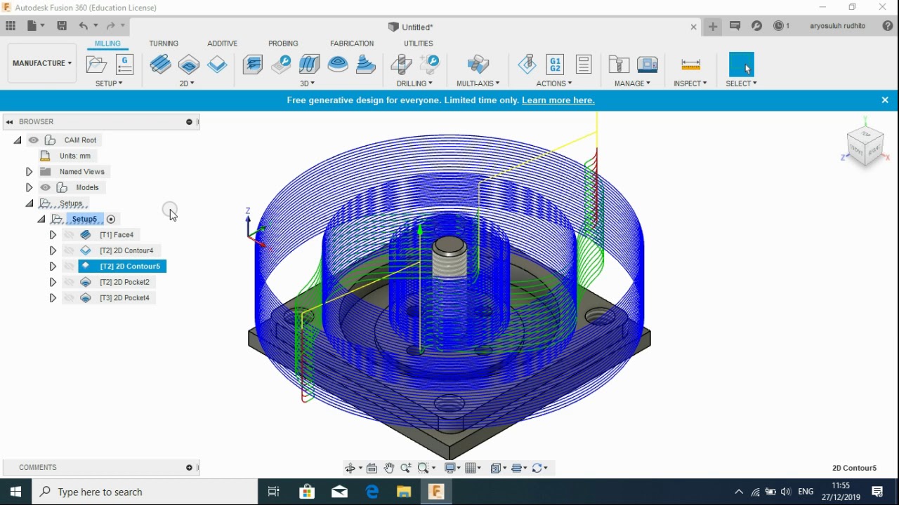 fusion tutorial milling toolpath - YouTube
