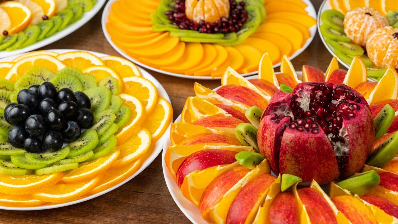 ¡Hermosos CORTES de frutas en la mesa festiva! 5 platos de frutas ...