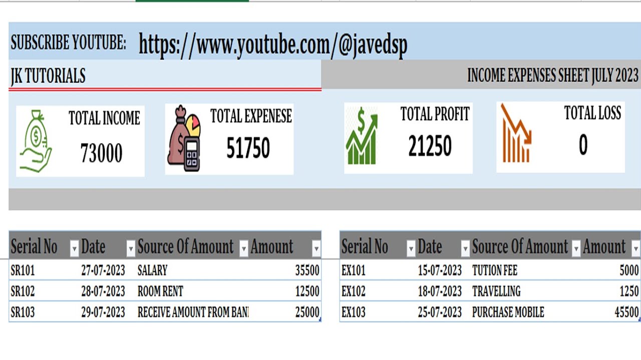 How To Maintain INCOME & EXPENSES With PROFIT & LOSS in Excel BY JK TUTORIALS ? - YouTube