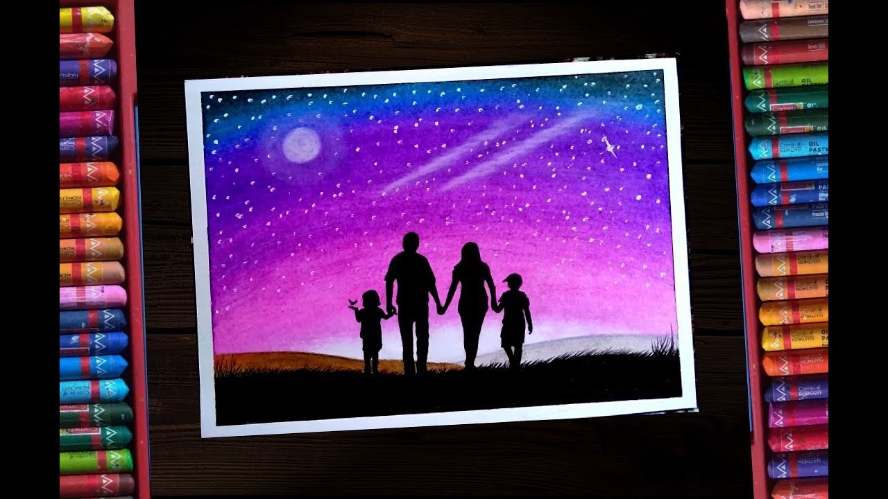 Happy family with moonlight sinary drawing for beginners || step by ...