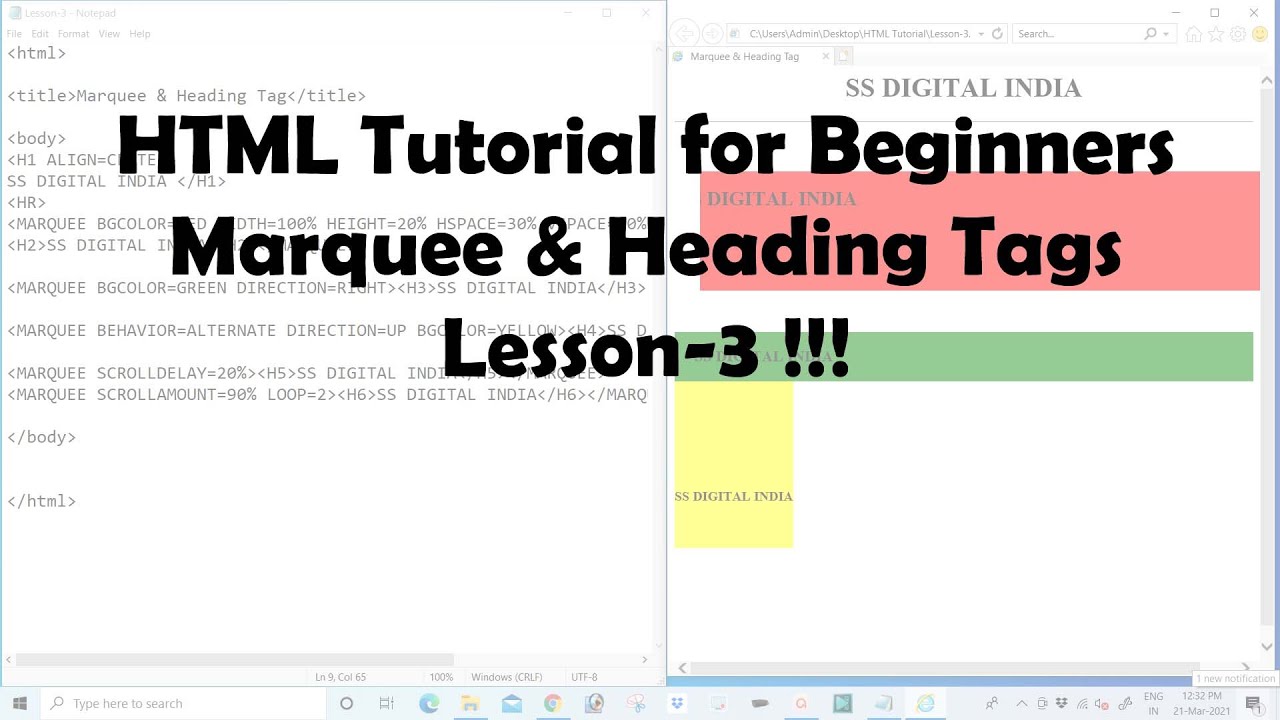 HTML Tutorial for Beginners Marquee & Heading Tags Lesson-3 !!! - YouTube