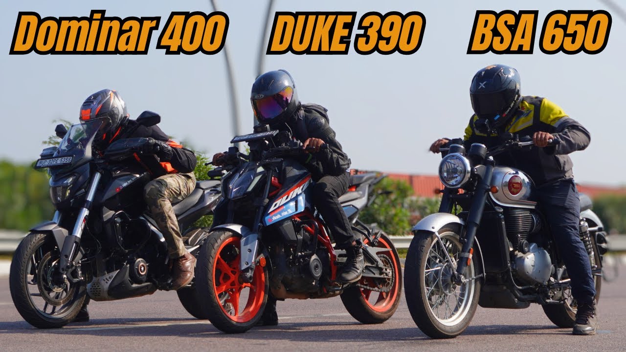 Dominar 400 vs Duke 390 vs BSA GoldStar 650 Drag Race - YouTube
