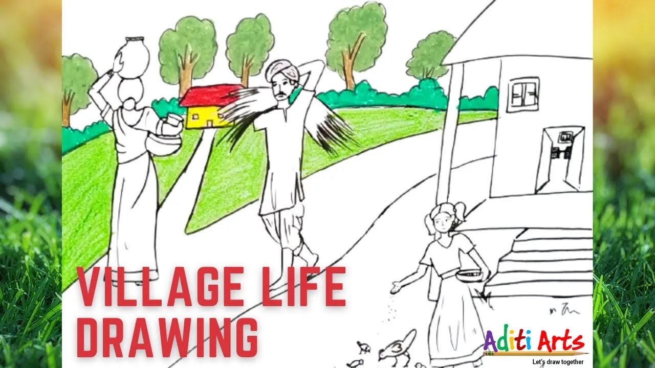Village Life Memory Drawing | Simple Easy Village Drawing | Village ...