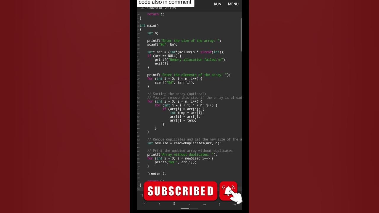 Remove Duplicates Array Element In Array In C Coding C Ccoding Shortvideo Youtube