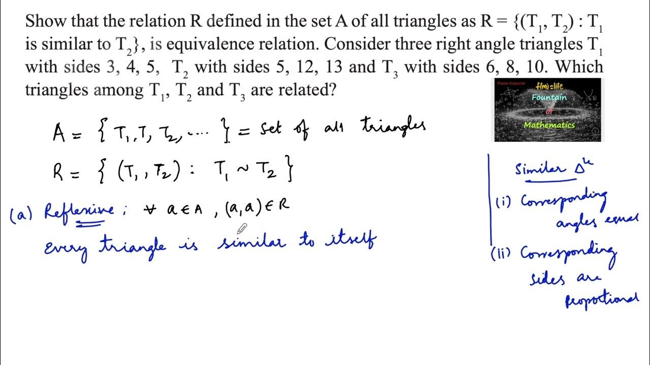 Show that the Relation R in set A of all triangles as R={(T1,T2):T1⩬T2} is equivalence relation ...