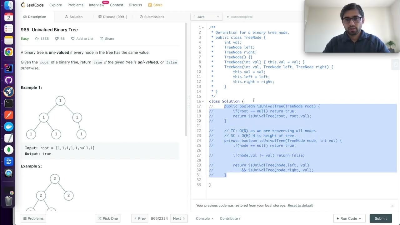 Leetcode 965. Univaled Binary Tree. - YouTube