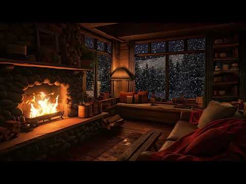 24-Hour Cozy Cabin Winter Ambience with Crackling Fireplace & Blizzard Sounds | Resting Area