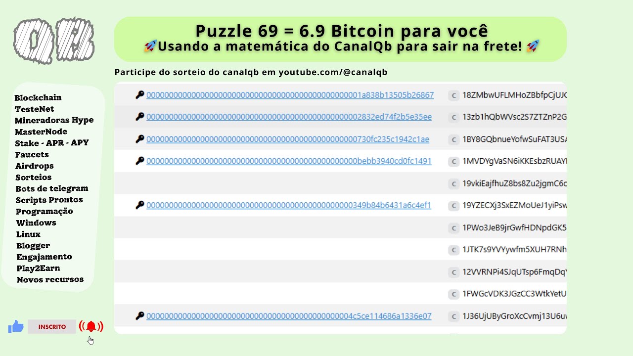 Puzzle 69 = 6.9 Bitcoin para você 🚀Usando a matemática do CanalQb para ...