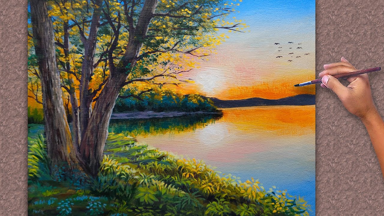 Sunrise Painting Tutorial Easy / Landscape with Trees and Lake / Fine ...