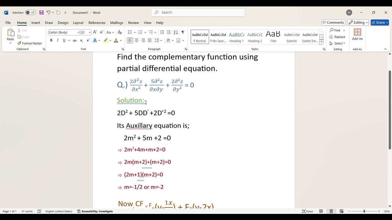 Complementary Function of Partial differential Equation ... QUE 1. Engineering Mathematics - YouTube