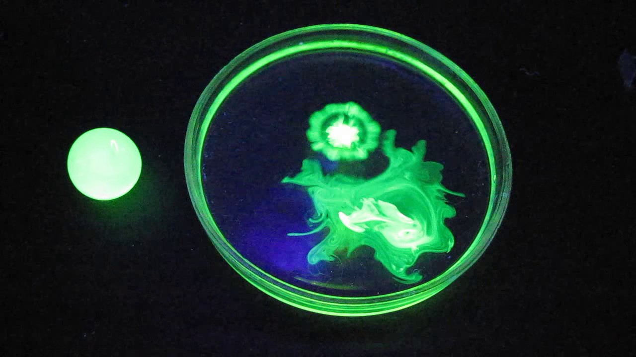 Uranium glass, uranyl nitrate, fluorescein and black light lamp ...