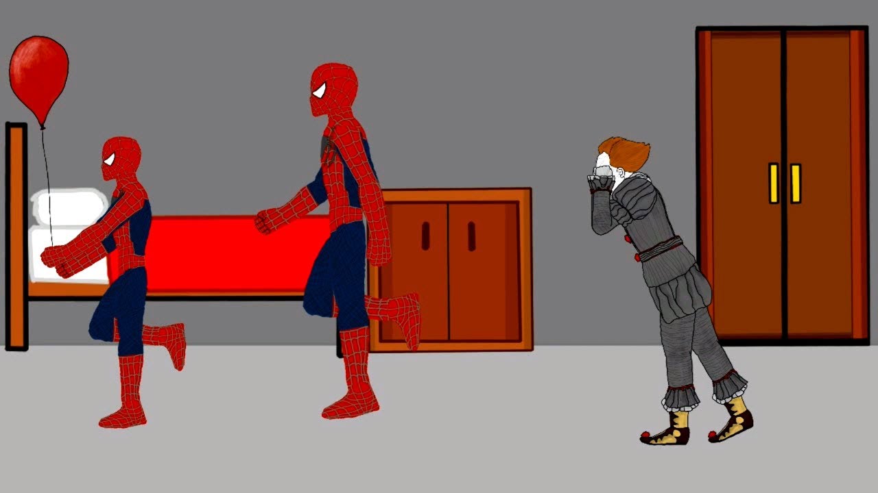 Spiderman With Little Spiderman vs Pennywise Fighting For The Ballon ...