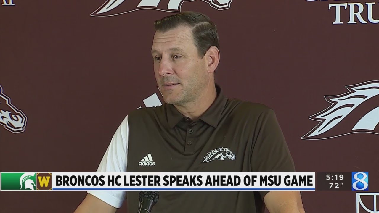 Broncos head coach Lester speaks ahead of MSU game - YouTube
