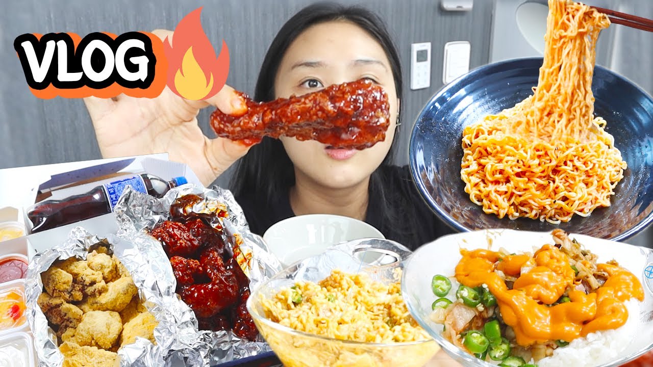 VLOG) 하루종일 매운거만 먹은 날 먹방 브이로그🔥+자다가 사기당한 썰!🤣 DAILY MUKBANG-log (네네치킨, 불닭 ...