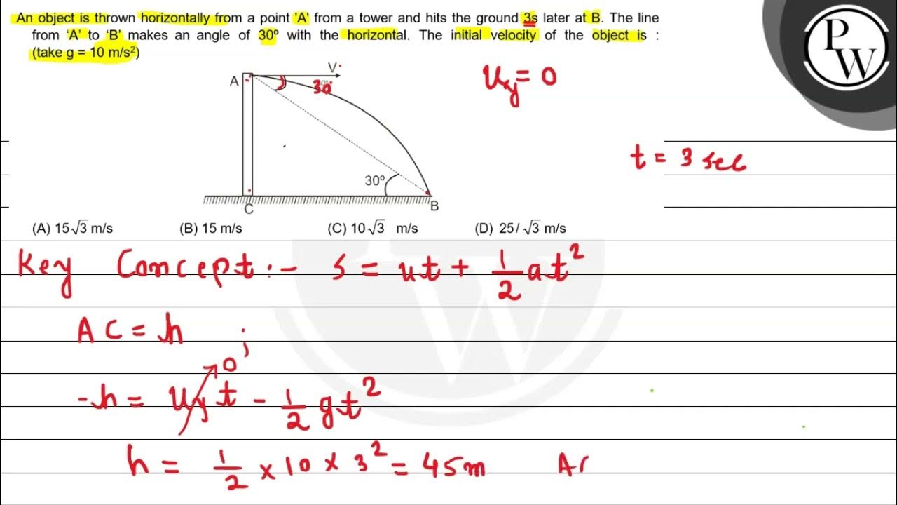 An object is thrown horizontally from a point 'A' from a tower and ... - YouTube
