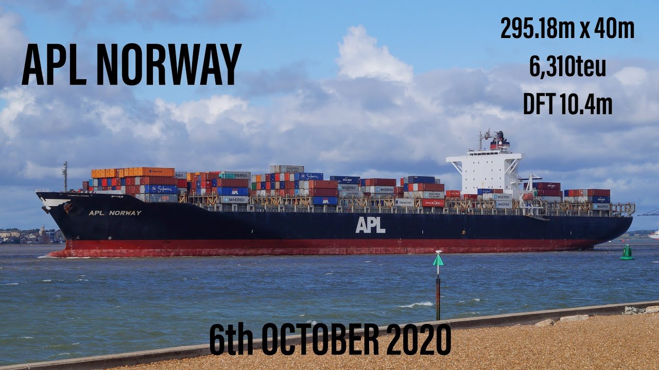 Containership APL NORWAY outbound from the Port of Felixstowe in breezy ...