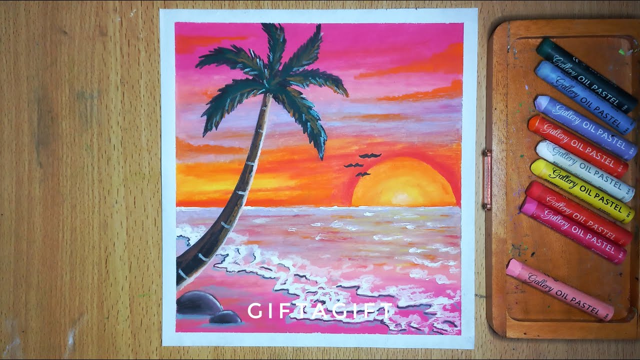 Menggambar sunset di pantai untuk pemula || menggambar pemandangan ...