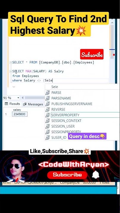 Sql Server Queries To Find 2nd Highest Salary Shorts Shortsvideo Sql Sqlserver 💥💯 Youtube 1861