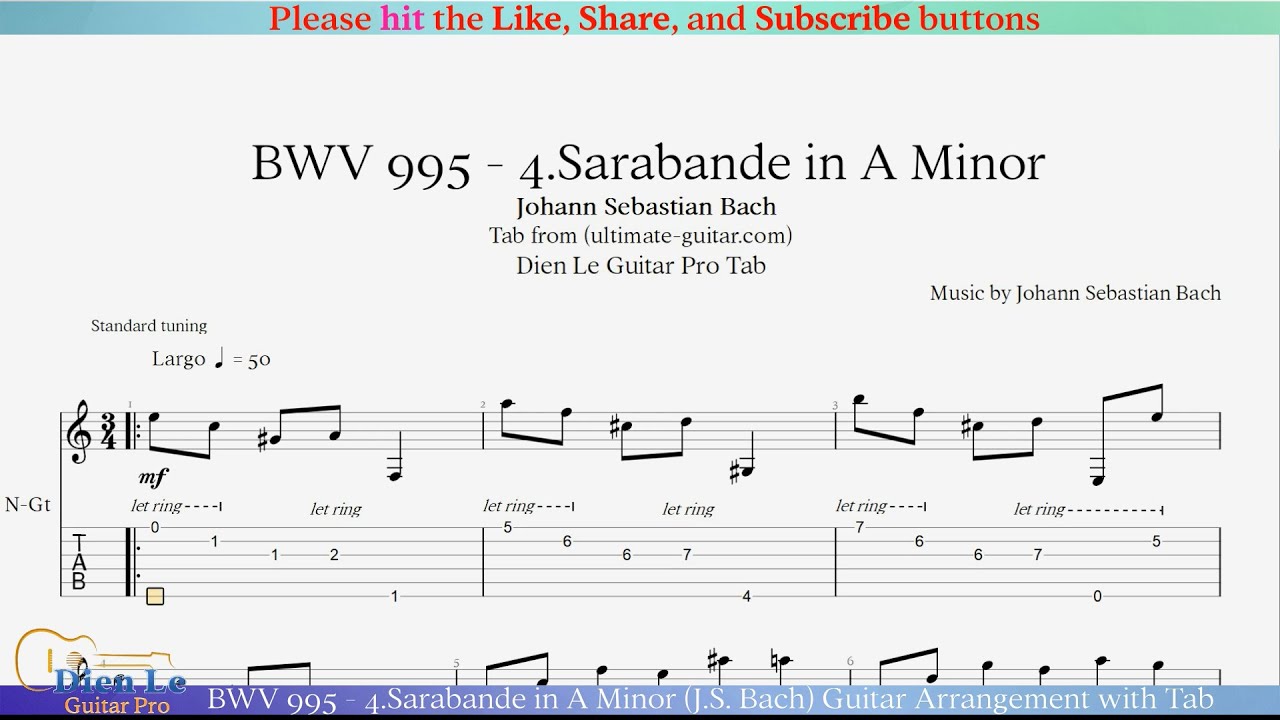 BWV 995 - 4.Sarabande in A Minor (J.S. Bach) Guitar Arrangement with ...