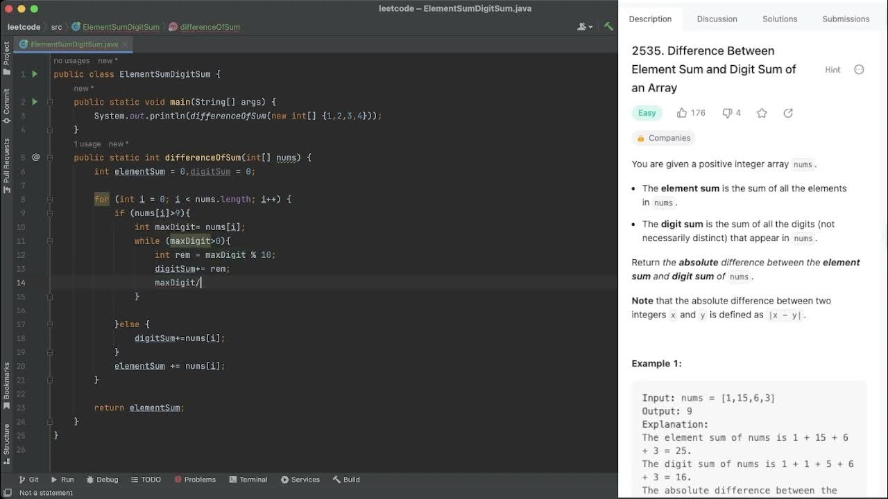 2535. Difference Between Element Sum and Digit Sum of an Array||Java Solution - YouTube