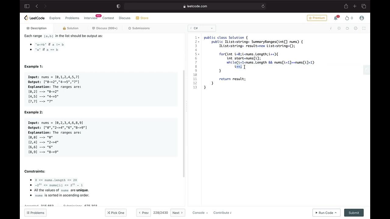 Summary Ranges Leetcode Csharp Easy Youtube