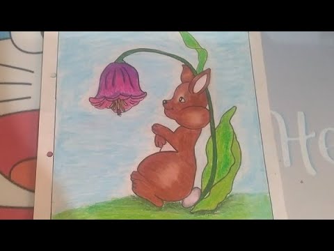 a cute bunny with big flower oil pastel drawing |a cute bunny drawing ...
