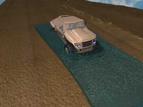 Vehicle water fording simulation over a long rough course at 4.5 m/s ...
