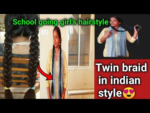 Twin braid school going girl's hairstyle .how to do cute twin braid ...