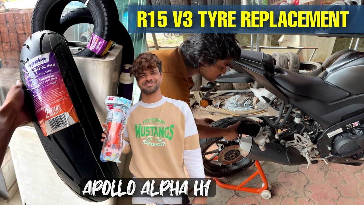 R15 V3 tyre replacement full video in മലയാളം | MRF to Apollo alpha h1 ...