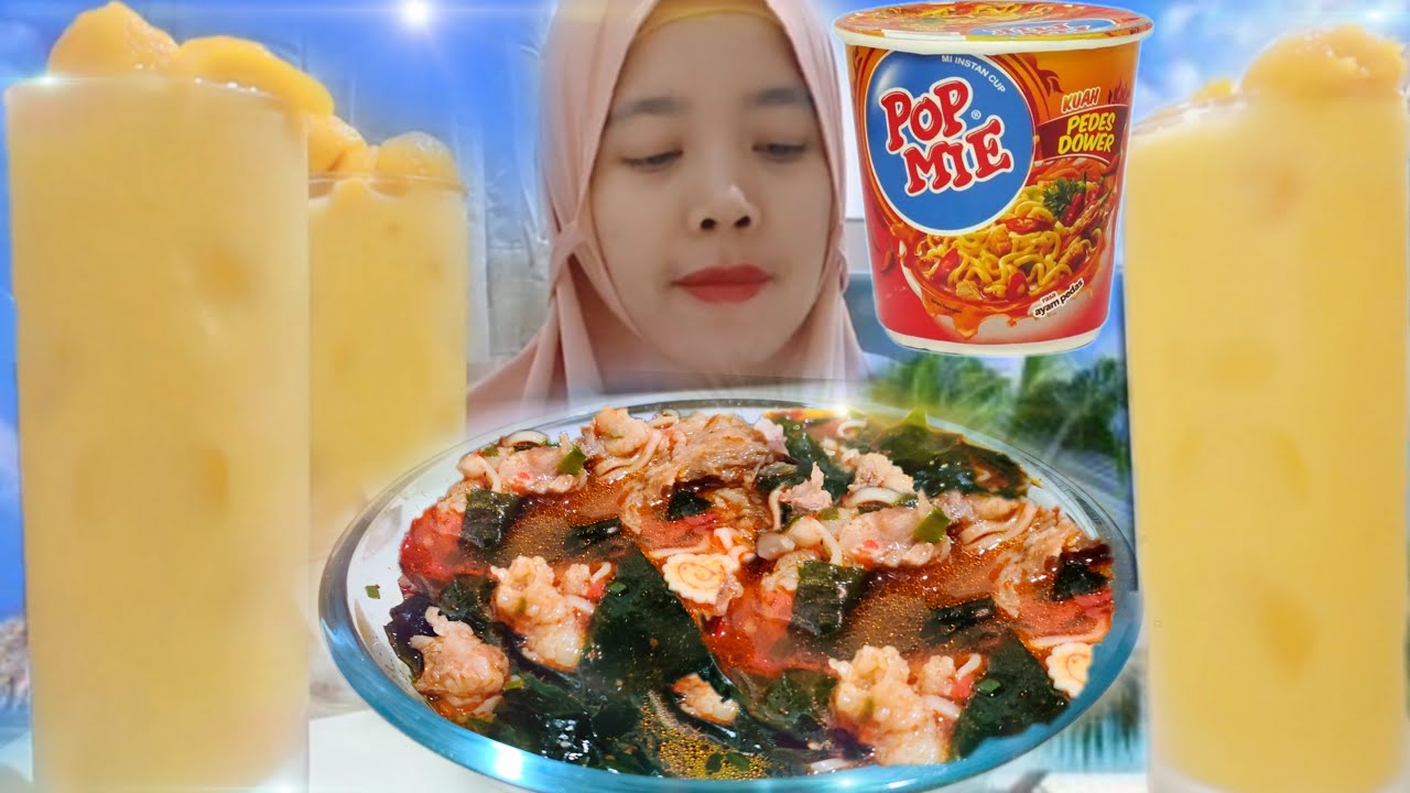 ASMR POP SPICY DOWER Noodles VS COLD FRESH DRINK YELLOW JUICE|ASMR ...