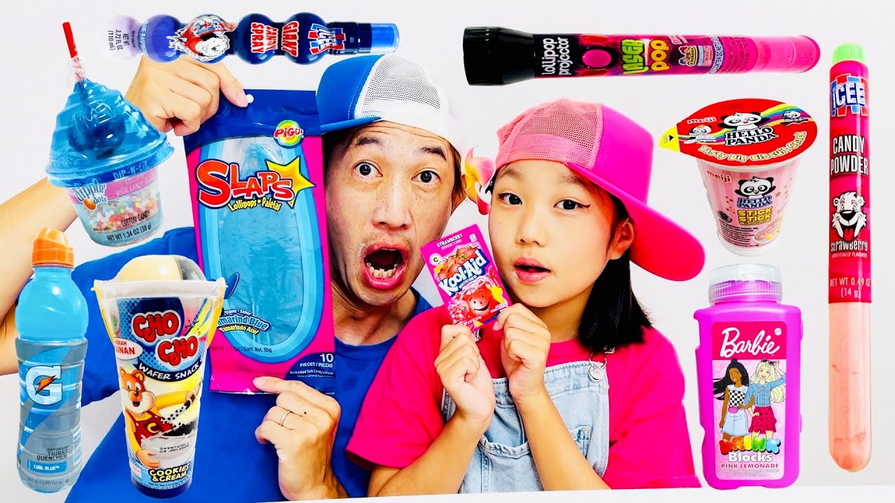 Pink VS Blue Food challenge Guam shopping mall candy ピンクvsブルー グアムのお菓子対決 ...