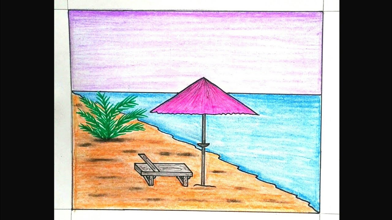 How to draw a sea beach scenery easy | Wax Crayons Drawing | Drawing ...