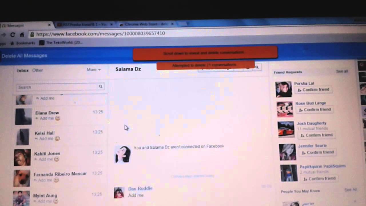 How to delete all facebook messages in one go - YouTube