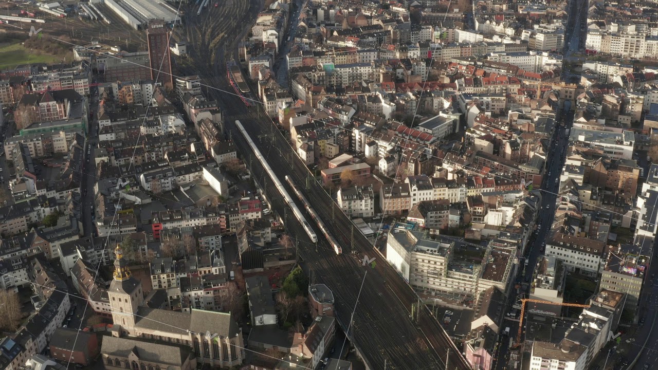 AERIAL: European Railway System in Cologne Germany with two Trains ...