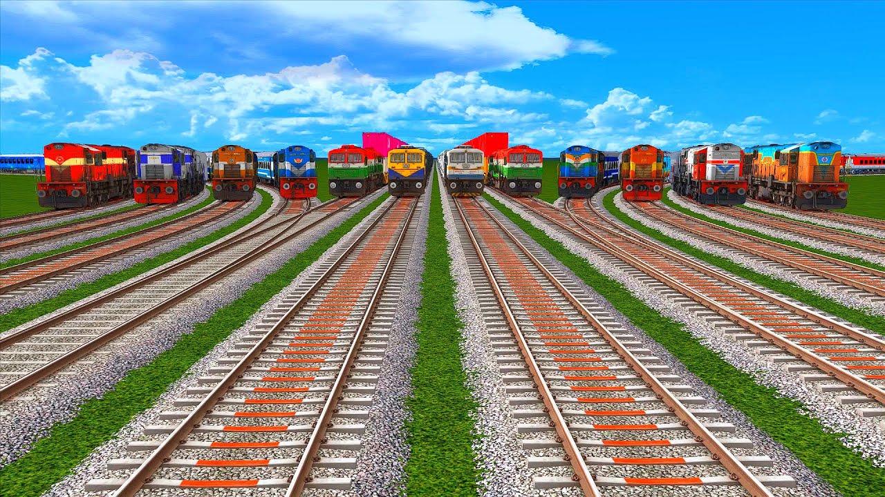 MANY COLORFUL DIESEL TRAINS THUNDERED AND CROSSING ON BUMPY FORKED ...