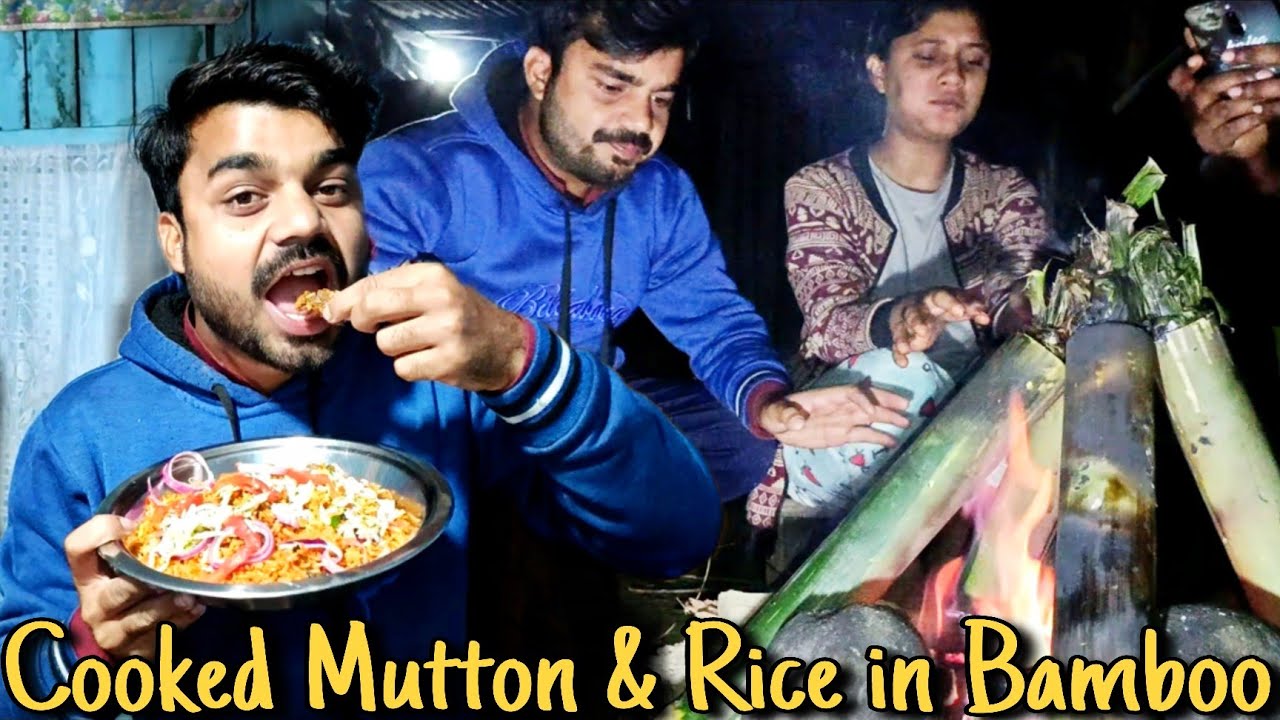 Cooking mutton and rice in bamboo | Mutton Briyani | Family life happy ...