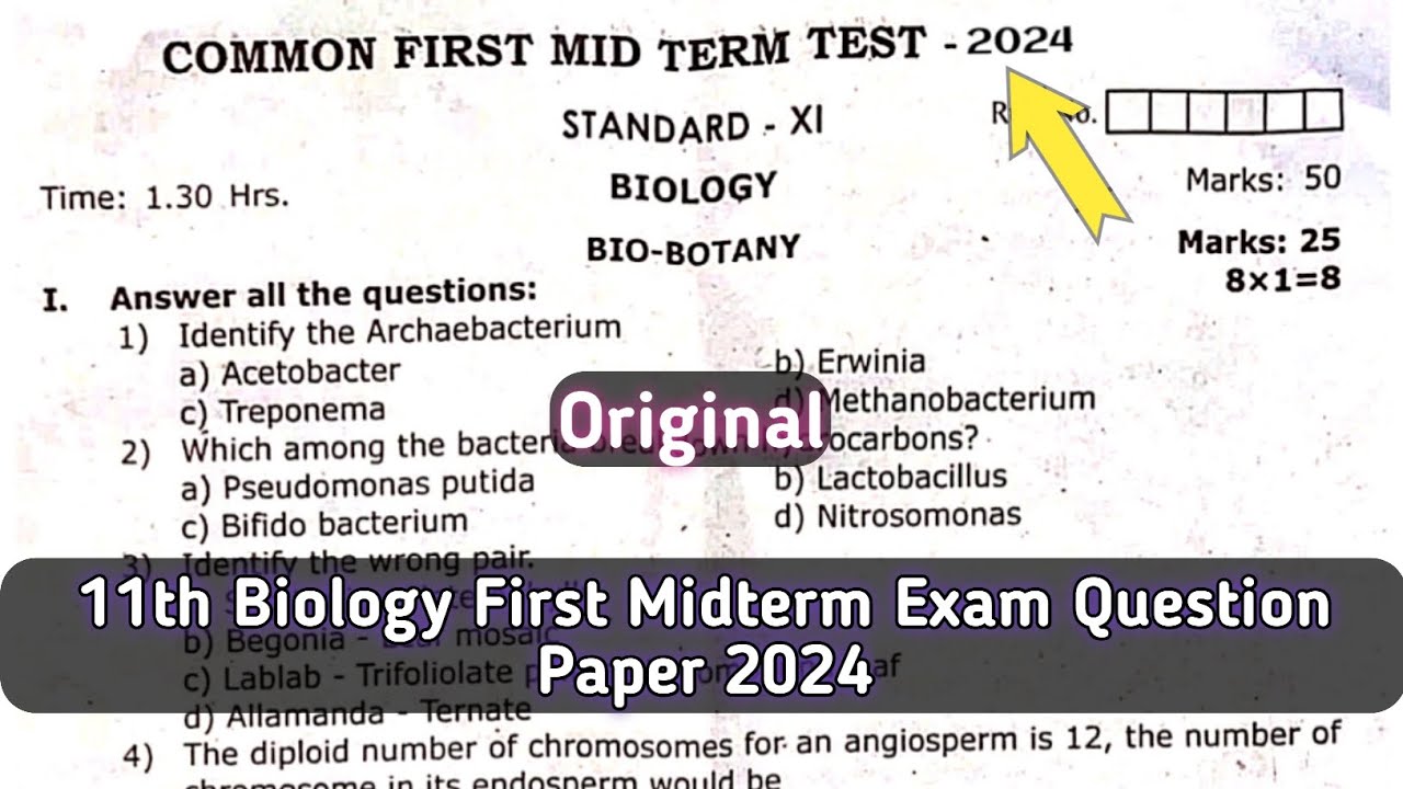 11th Biology First Midterm Exam Original Question Paper 2024 - YouTube