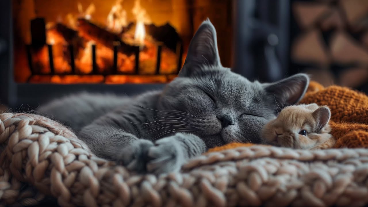 Peaceful Night with Purring Cat | Purr Sound & Fireplace Sound for ...
