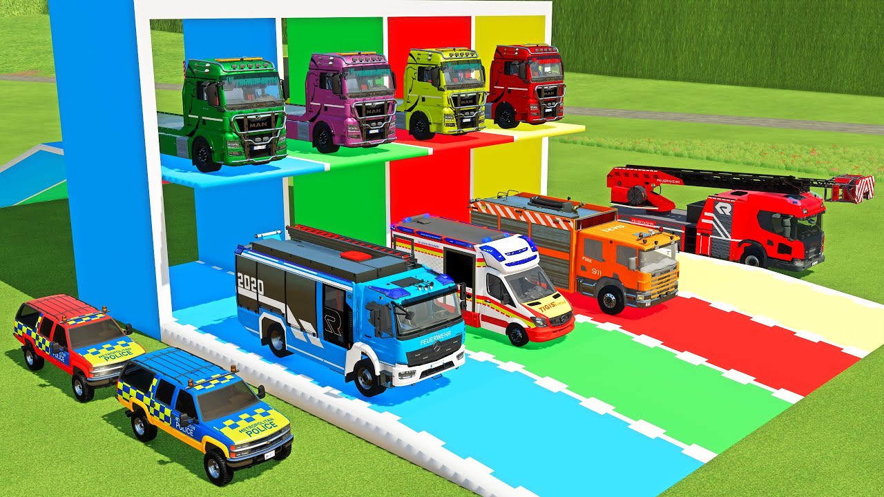 TRANSPORTING FIRE DEPARTEMENT, BUS, POLICE CARS, AMBULANCE, FIRE TRUCK ...