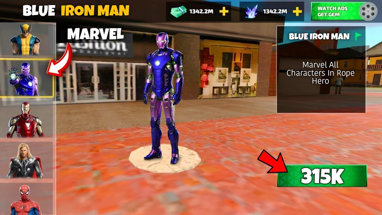 How To Equip Blue Iron Man Marvel Heroes in Rope Hero Vice Town | Rope ...