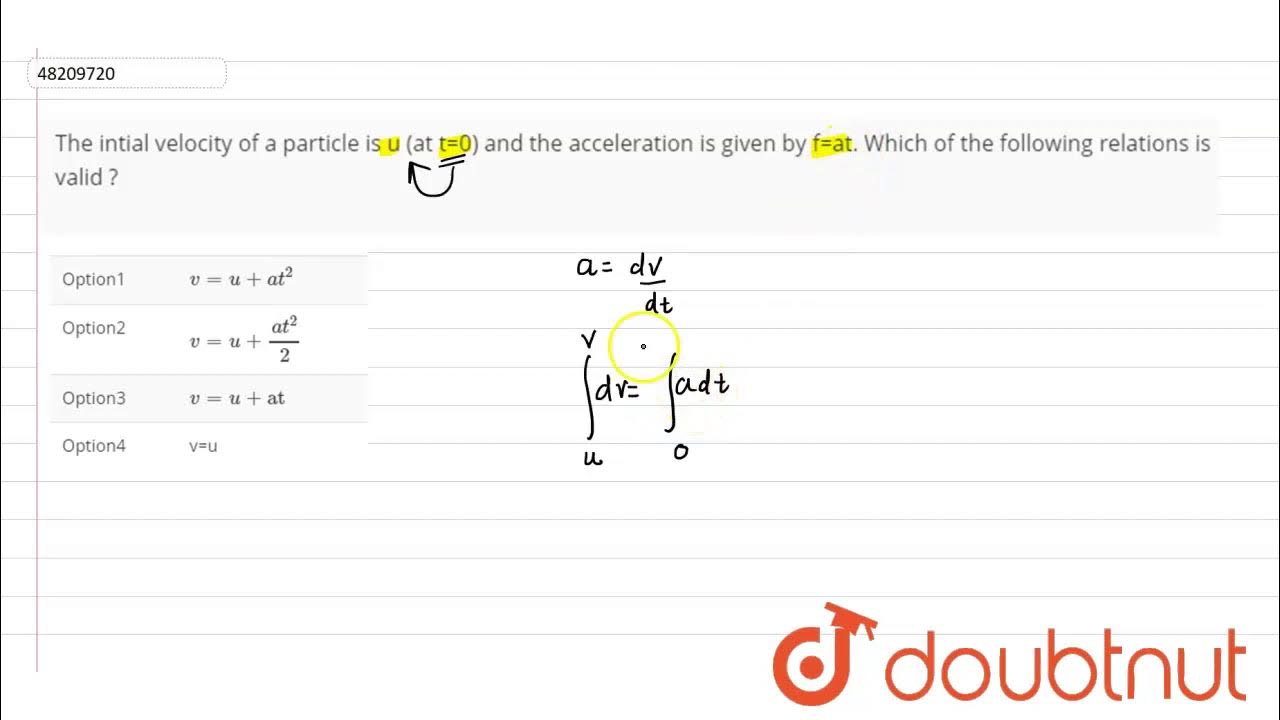 The intial velocity of a particle is u (at t=0) and the acceleration is given by f=at. Which ...