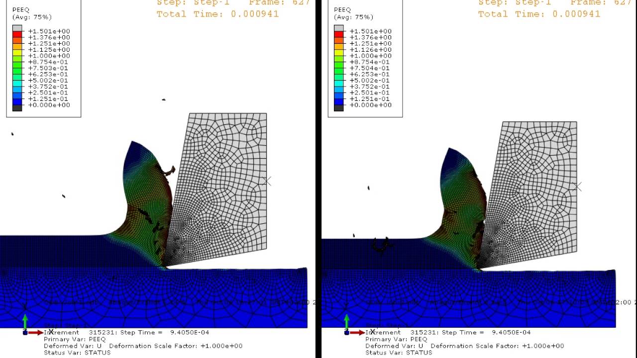 Abaqus CAE explicit orthogonal cutting frictionless vs. friction PEEQ ...