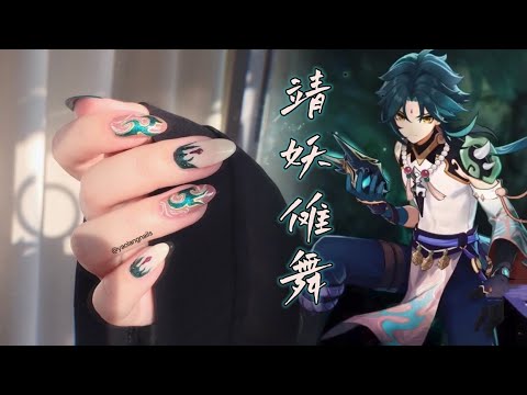 Xiao-inspired freehand nailart design Genshin Impact nails - YouTube