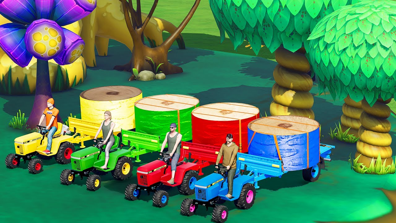 MINI GARDEN TRACTORS OF COLORS! TRANSPORTING COLORED PALM LUMBER WITH ...